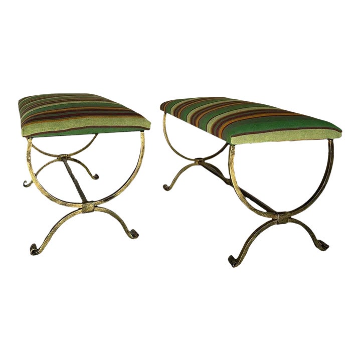 Pair of Spanish Iron Benches in Striped Fabric | Chairish