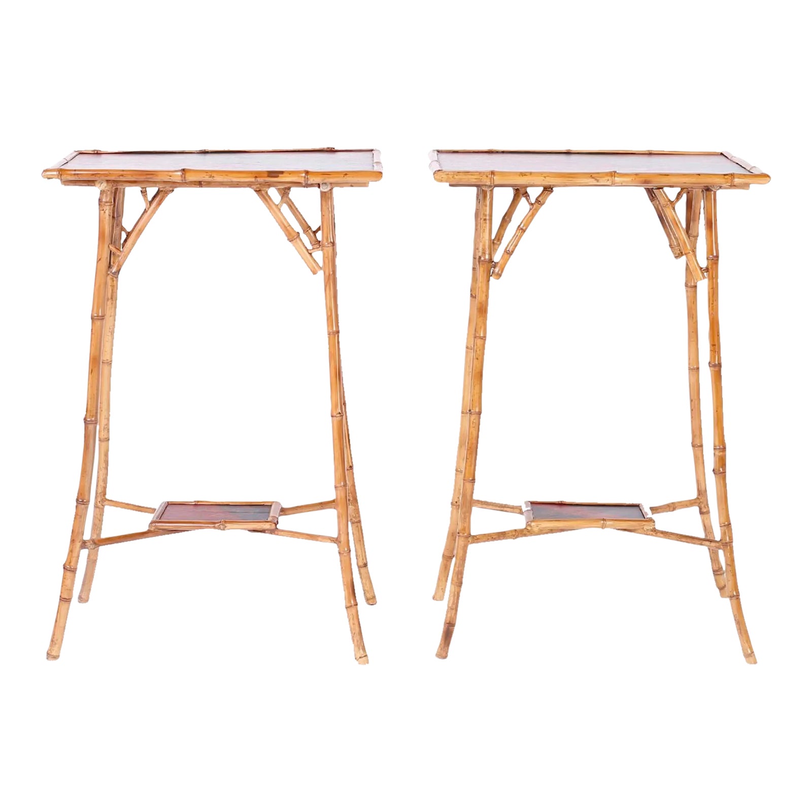 Pair of Bamboo Tables With Red and Black Lacquer Motif | Chairish