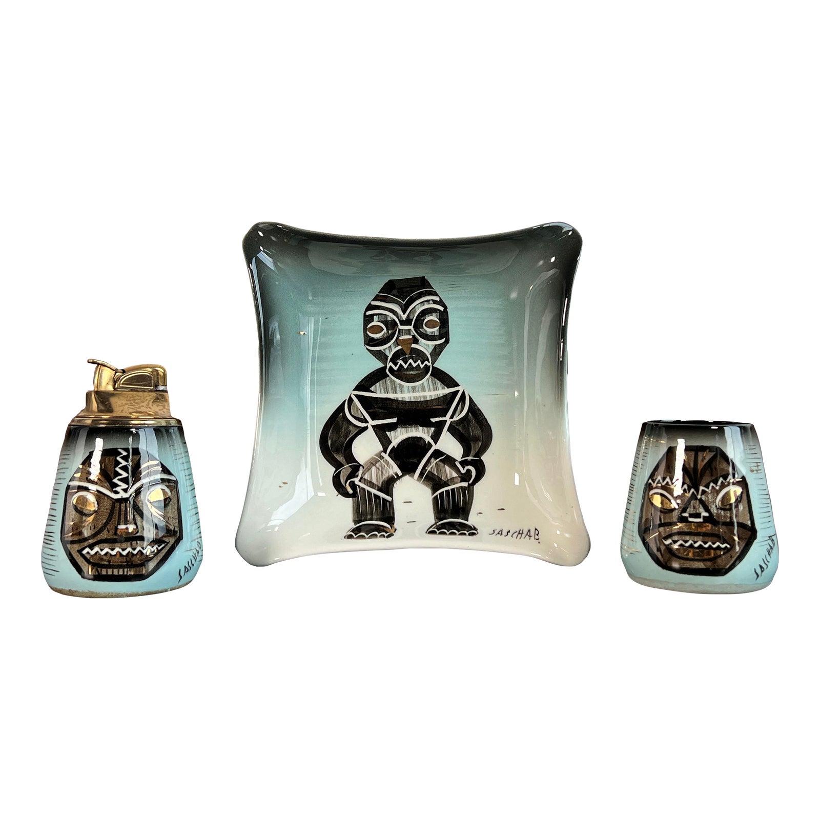 Vintage Mid Century Tiki Ashtray & Table Lighter Set by Sascha Brastoff ...