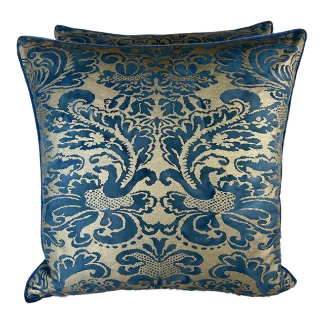 Pair of Vibrant Blue & Gold Metallic Fortuny Textile Pillows | Chairish