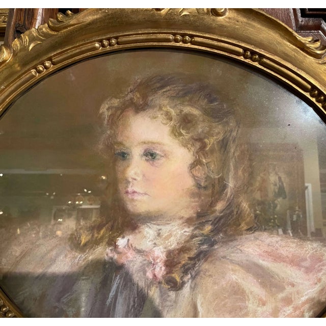 Late 19th Century French Pastel Portrait of Young Girl in Oval Gilt Frame | Chairish