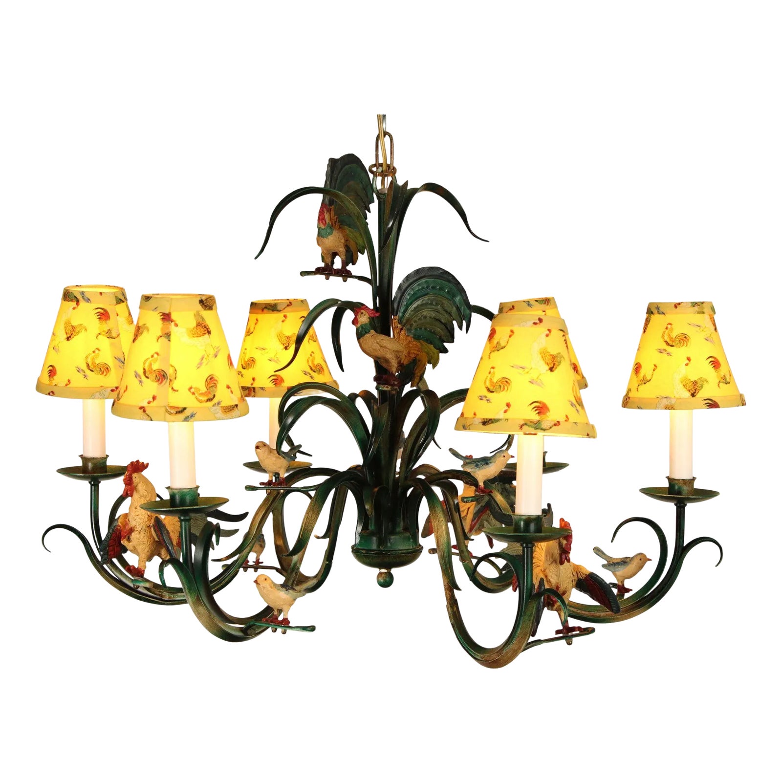Farmhouse Style Painted Tole Rooster Chandelier | Chairish