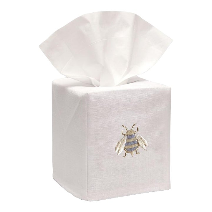 Napoleon Bee Tissue Box Cover in White Linen & Cotton, Embroidered ...