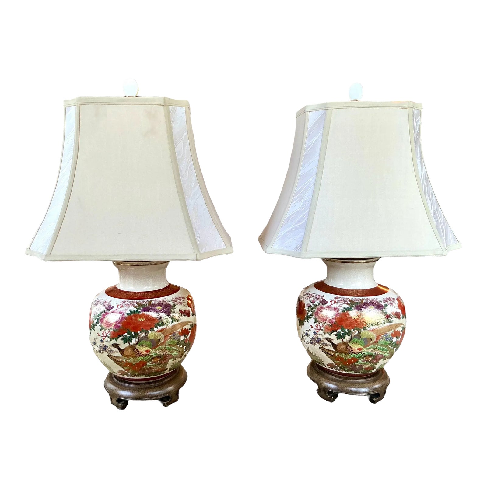 1970s Pair of Asian Style Lamps With Pheasant & Floral Pattern - Made ...