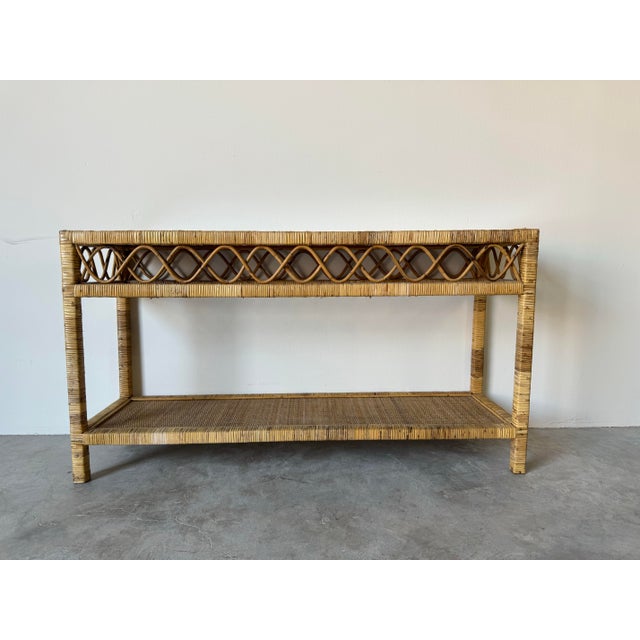Vintage Boho Chic Coastal Woven Rattan Two - Tier Console Table/ Sold ...
