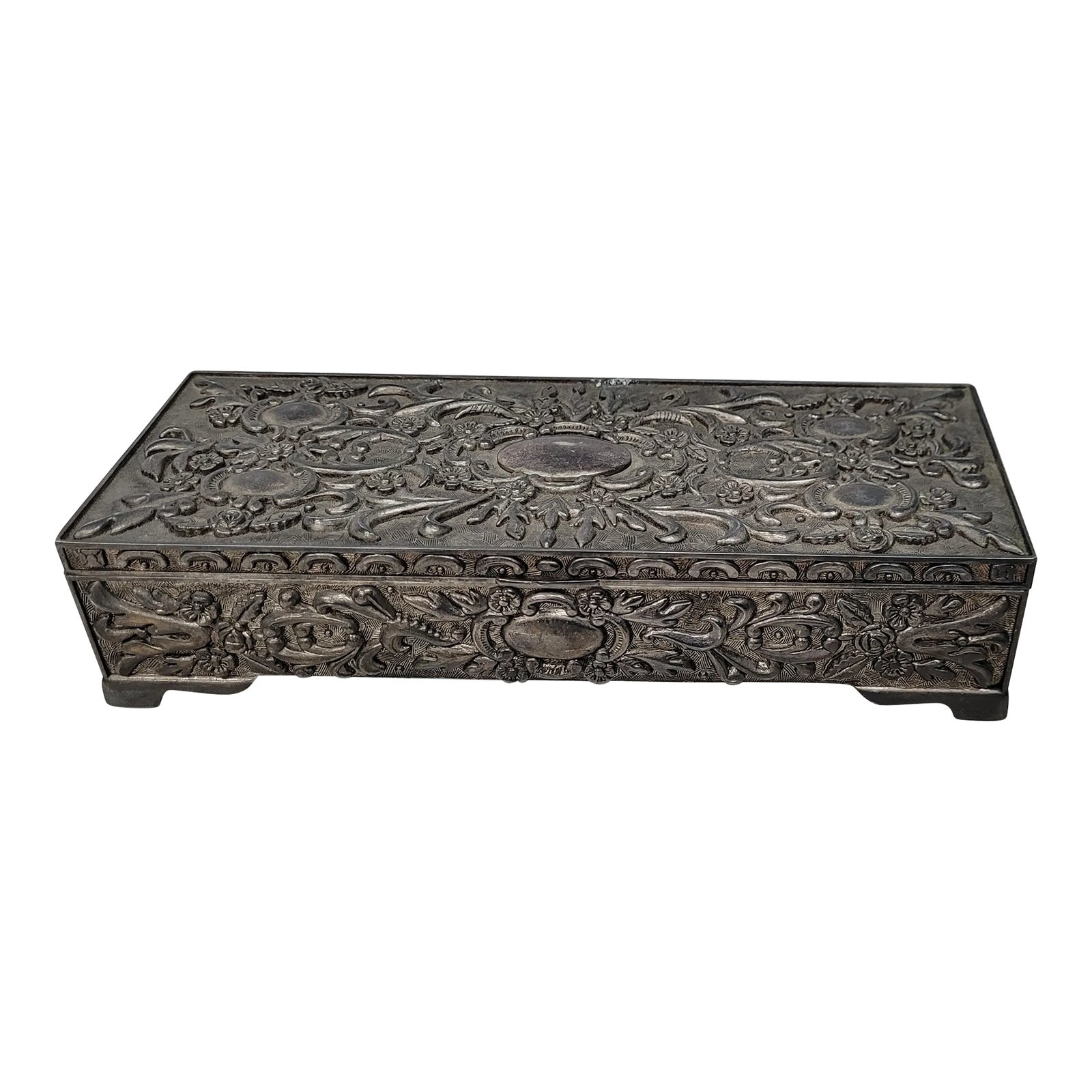 Vintage 1940s Silver Repousse Jewelry Box Coffin Style Ornate Red ...