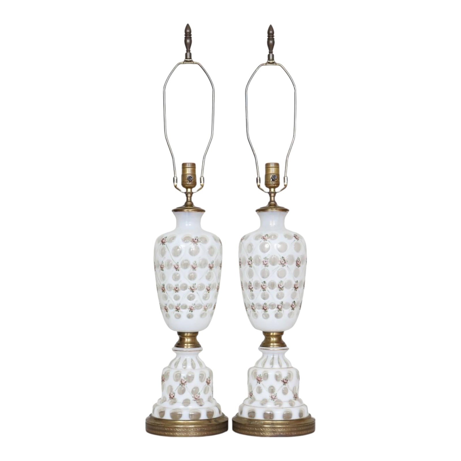 1940’s French Opalescent White Coin Dot Lamps by Fenton, a Pair | Chairish