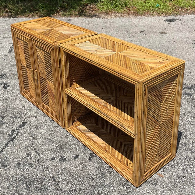 Vintage Costal Chevron Pencil Reed Cabinets - Set of 2 | Chairish