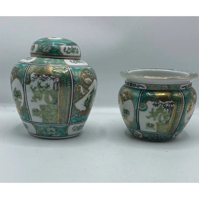Imari Porcelain Green and Gold Ginger Urn & Cachepot, Circa 1960 - Set ...
