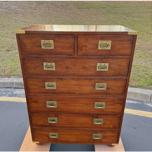 1970s Henredon Campaign Style "Regiment" Tall Chest of Drawers | Chairish