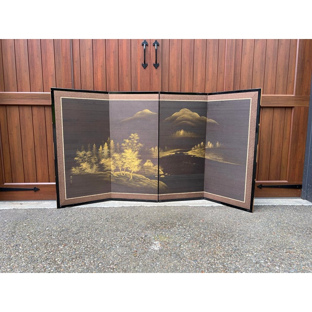 Mid-Century Hand-Painted 4 Panel Japanese Landscape Byōbu Silk Table ...