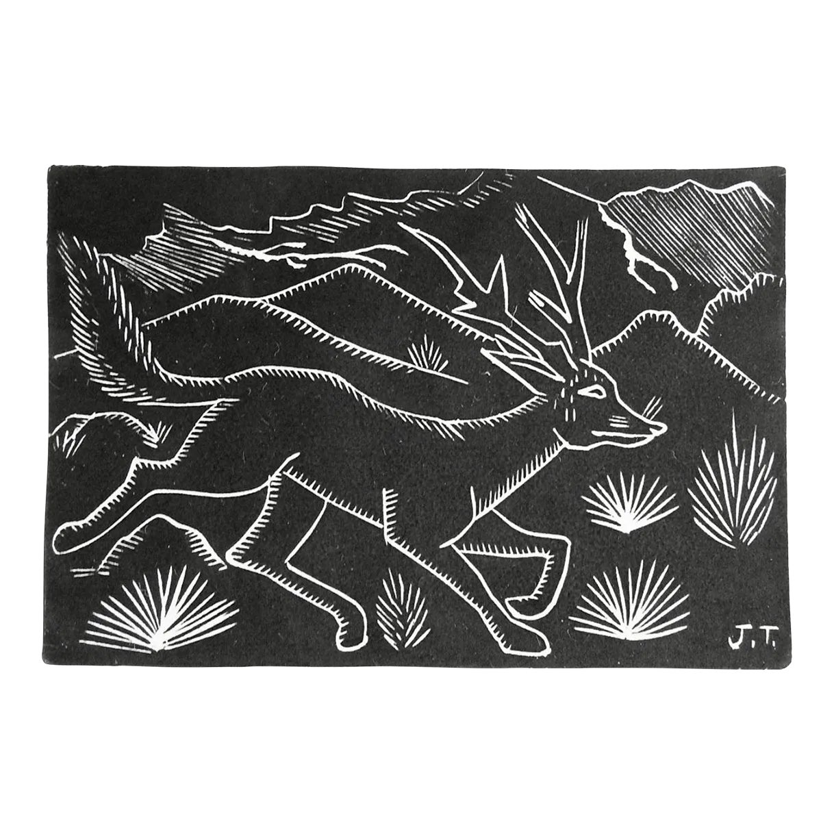 Vintage Mid 20th Century Jose Rey Toledo Coyote Deer Woodcut | Chairish