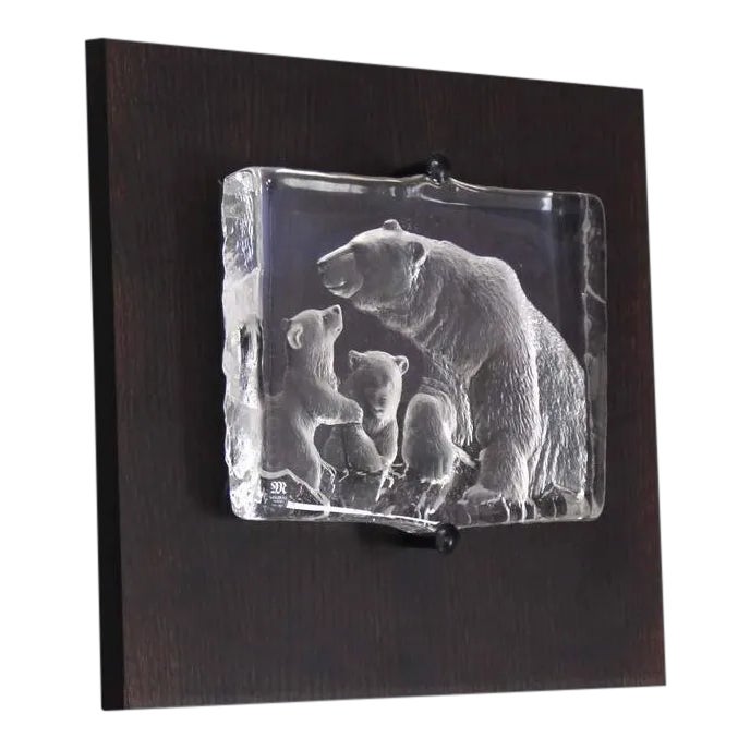 Vintage Swedish Carved Crystal Polar Bears Slab Sculpture | Chairish