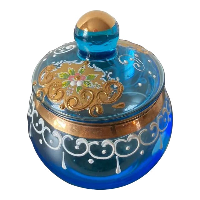 Vintage Murano Blue Italian Art Vanity Lidded Jar | Chairish