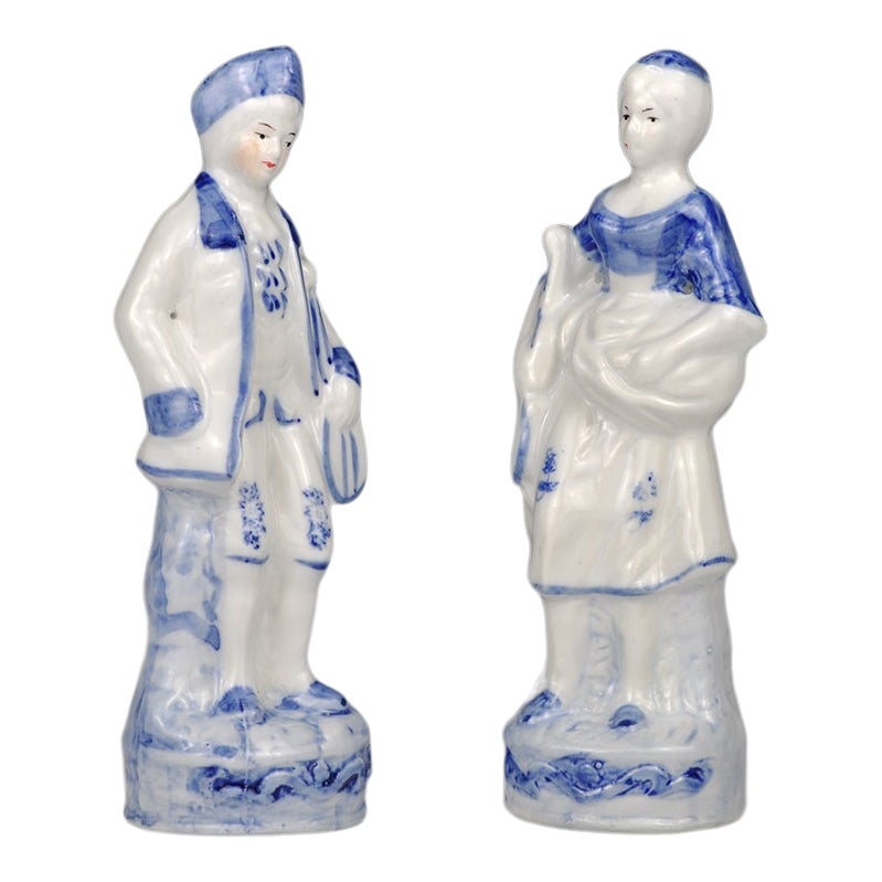 Vintage Blue & White Porcelain Man & Woman Figurines- a Pair | Chairish