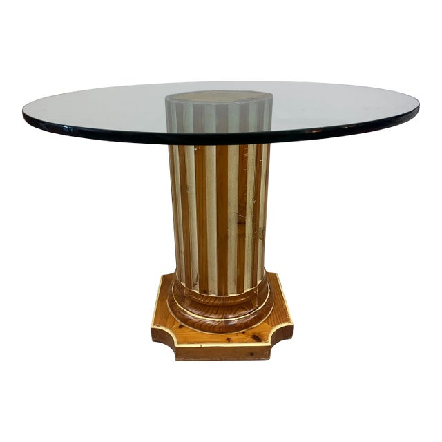 Vintage Carved Pine Wood Column Shape Dining Table With Glass Top ...