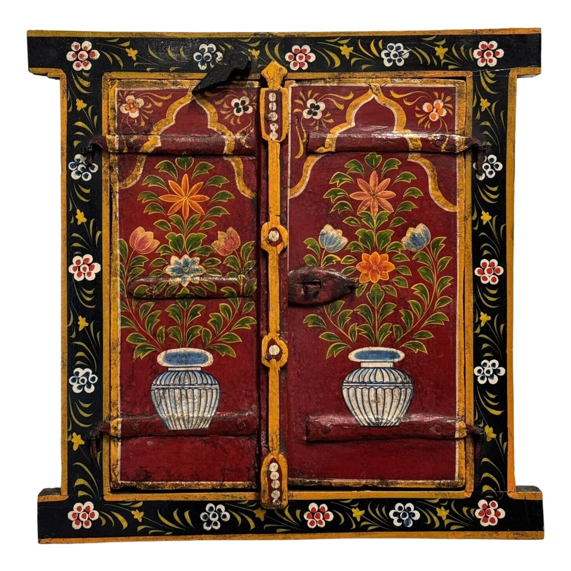 Indian Painted Window Frame with Flowers & Vase | Chairish