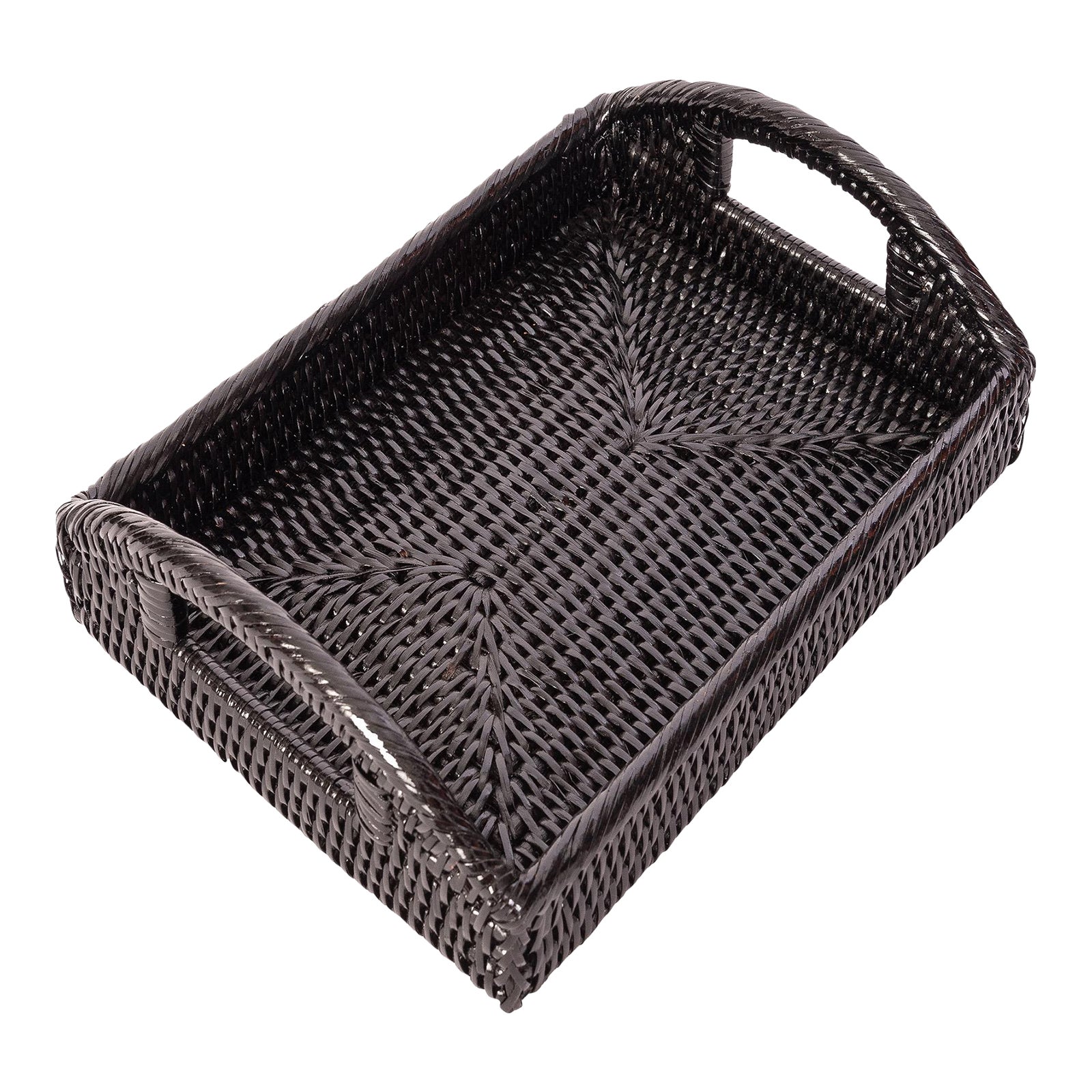 Artifacts Rattan Rectangular Serving Tray with High Handles in Black | Chairish