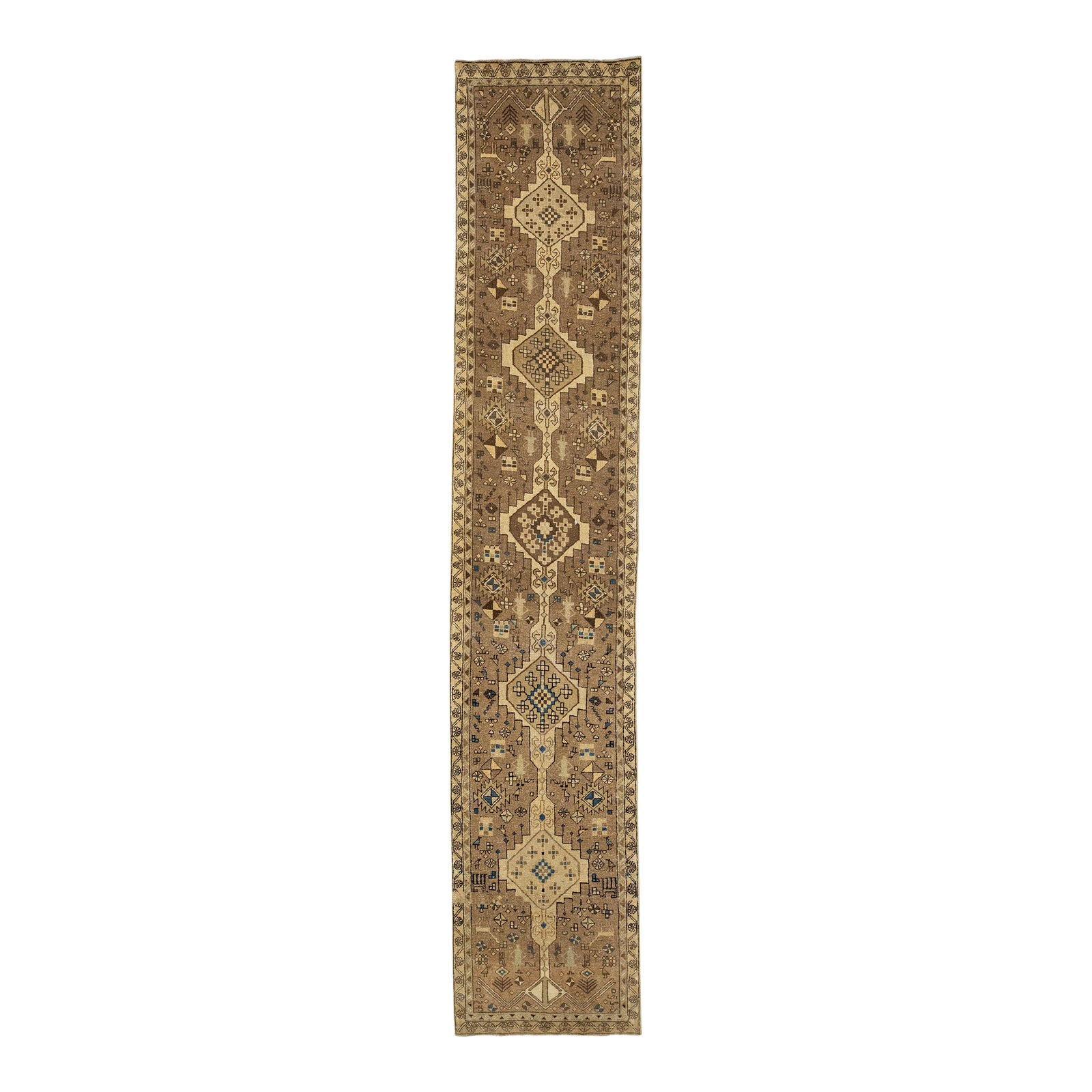 Brown Vintage Distressed Persian Wool Runner With Tribal Pattern | Chairish