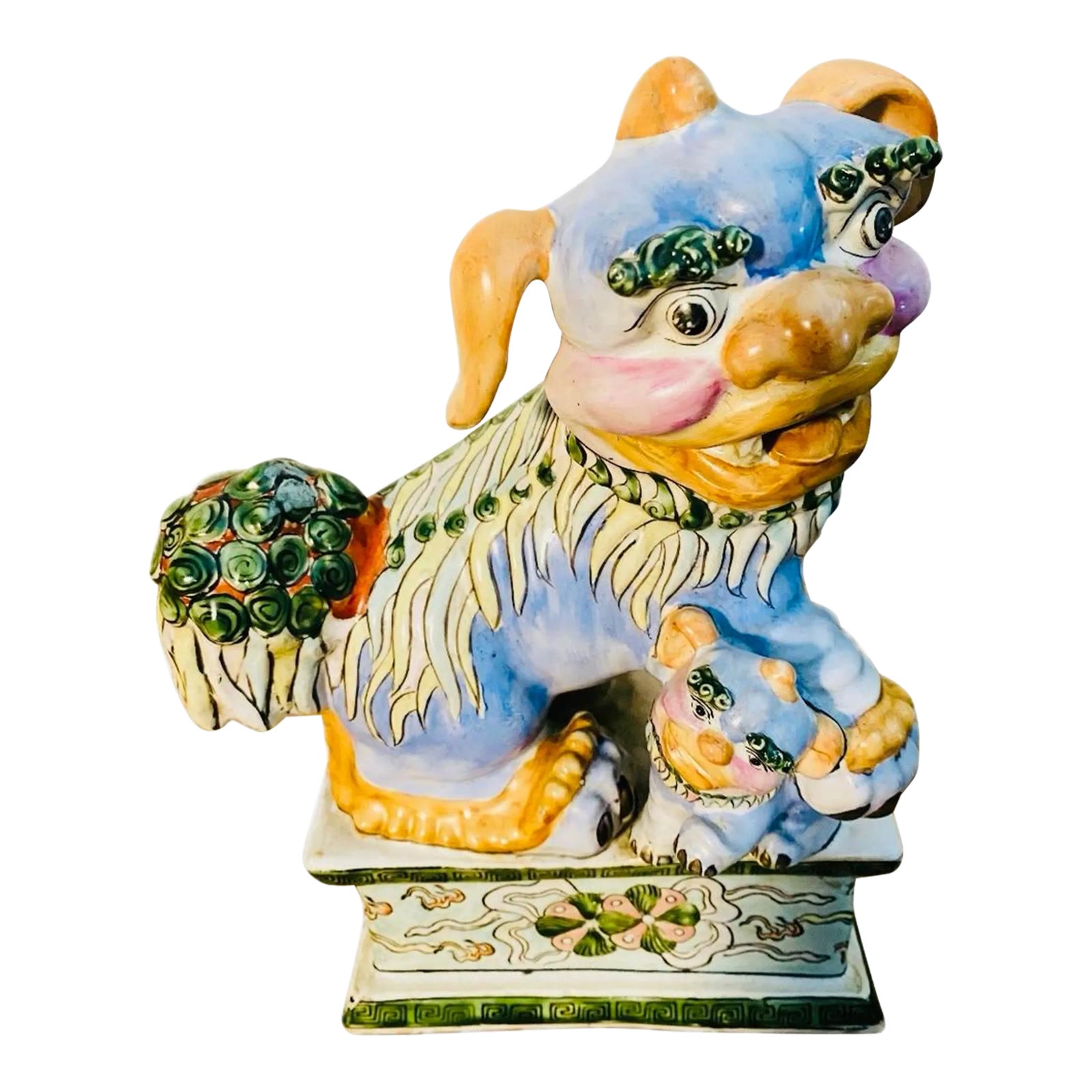 Antique Chinese Glaze Porcelain Foo Dog With Baby | Chairish