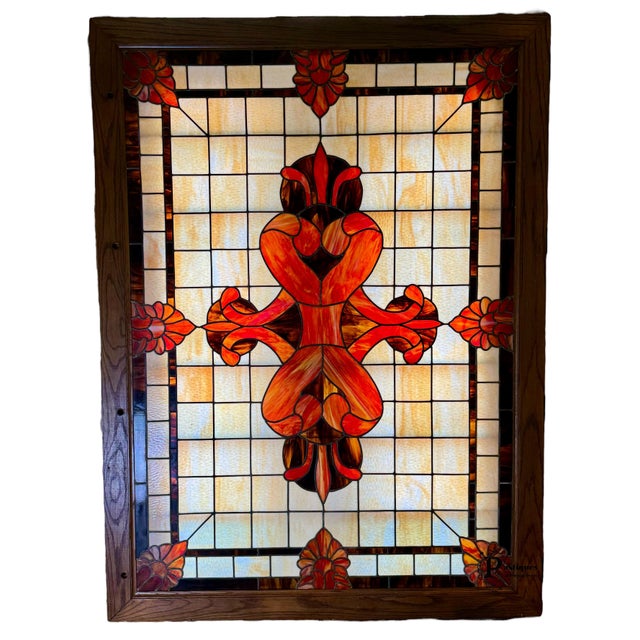 Vintage Gothic Style Leaded Stained Glass Oak Trim Panel | Chairish