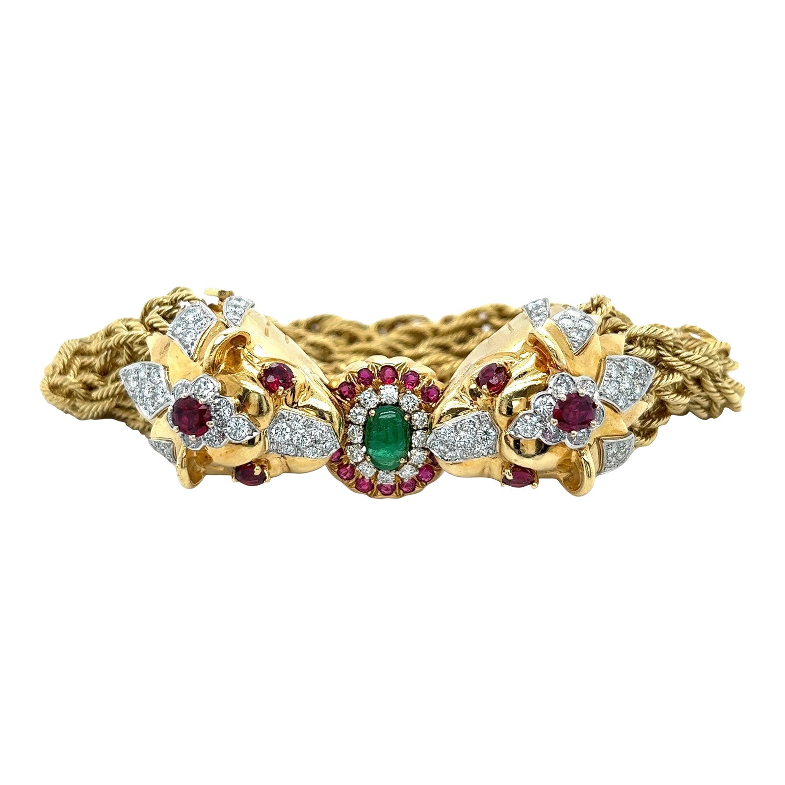 18K Gold & Platinum Double Lion Head Multi Rope Chain Emerald & Ruby ...