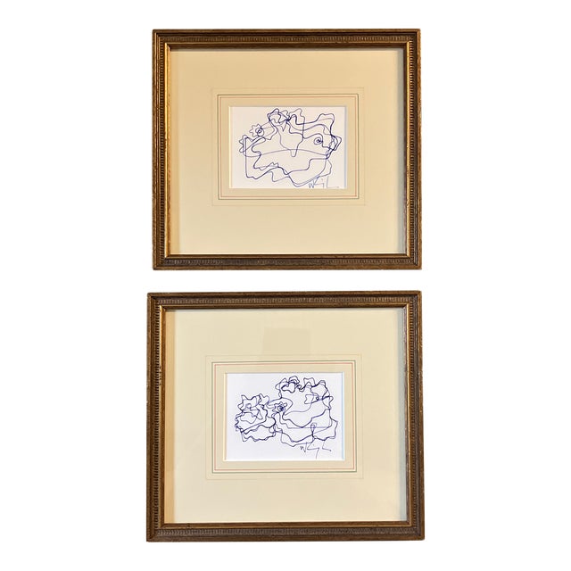 1980’s 2 Original Wayne Cunningham Abstract Ink Drawings Vintage Frames ...