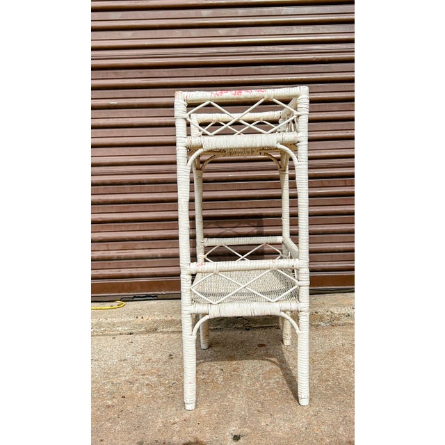 1970s Vintage White Wicker Tall Table Stand With Two Shelves | Chairish
