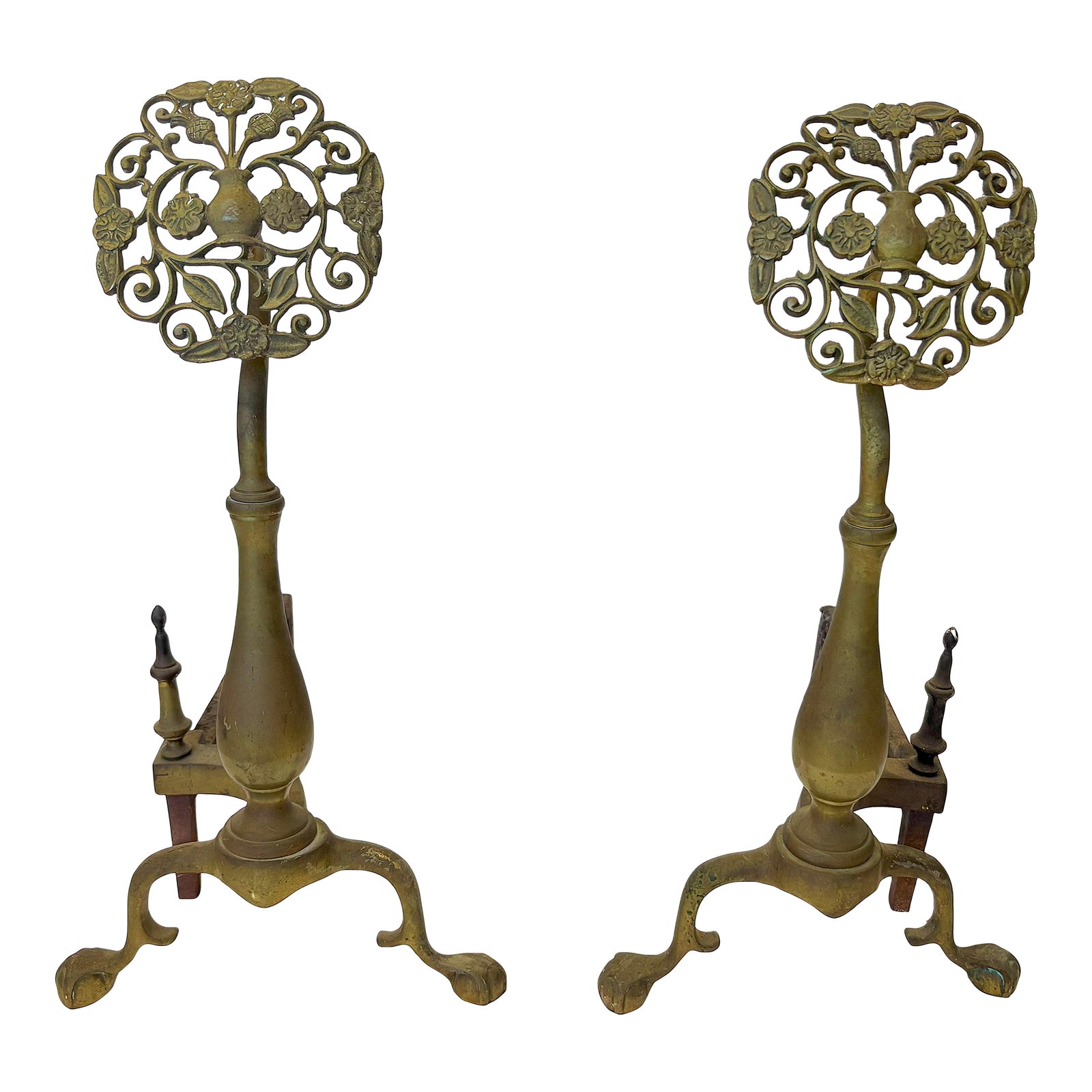 Early 20th Century Brass Andirons With Pierced French Floral Designs- A ...