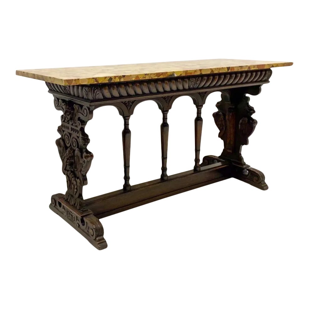 19th C. Italian Renaissance Style Walnut and Siena Marble Console Table ...