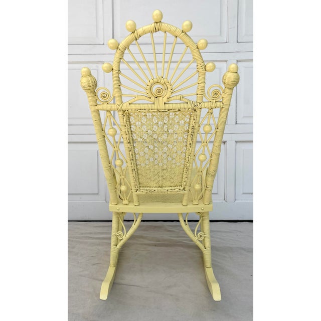 Early 20th C. Meringue Yellow Wicker Rattan Rocker | Chairish