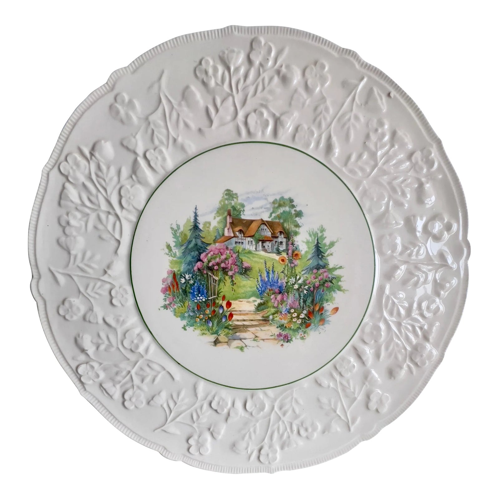 1950s Embossed Cottage Scene Cake Plate, Made in Czechoslovakia | Chairish