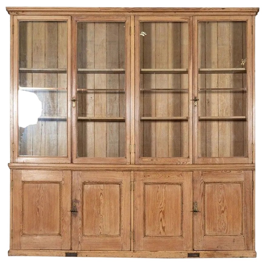 English Glazed Pine Bookcase Cabinet, 1880s | Chairish