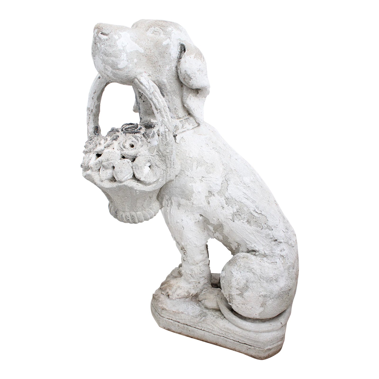 Carved Whimsical English Cast Dog With Basket Sculpture/Garden | Chairish