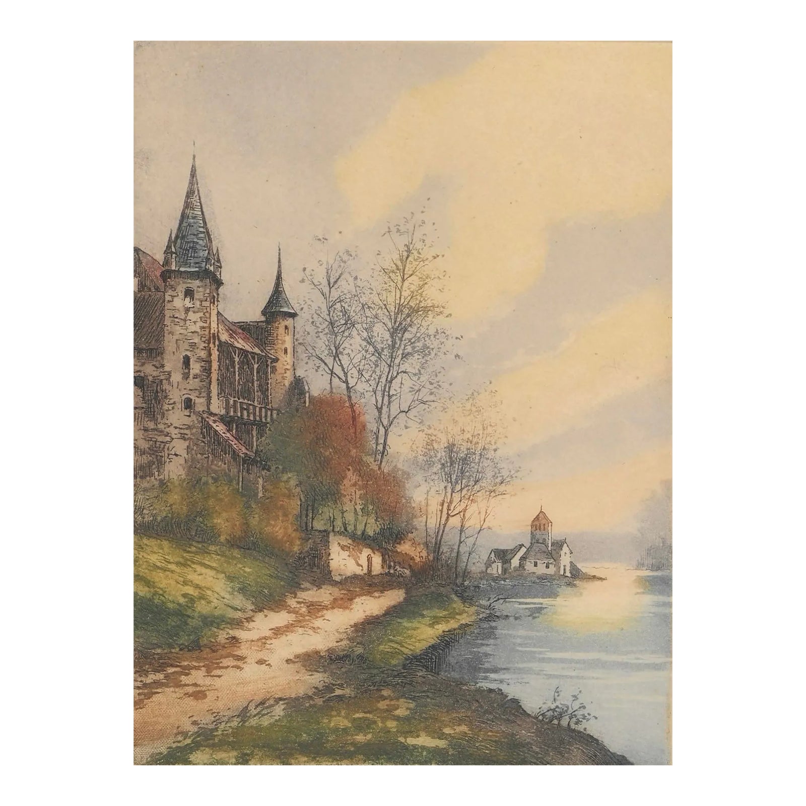Antique European Castle Hand Colored Etching | Chairish