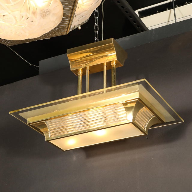 Art Deco Machine Age Polished Brass Glass Rod Chandelier by Petitot ...