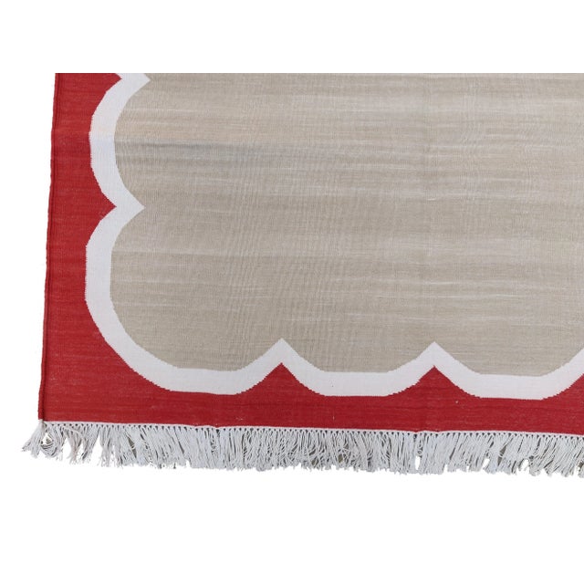 Cotton Handwoven Beige and Red Border Scalloped Rug 6x9 | Chairish