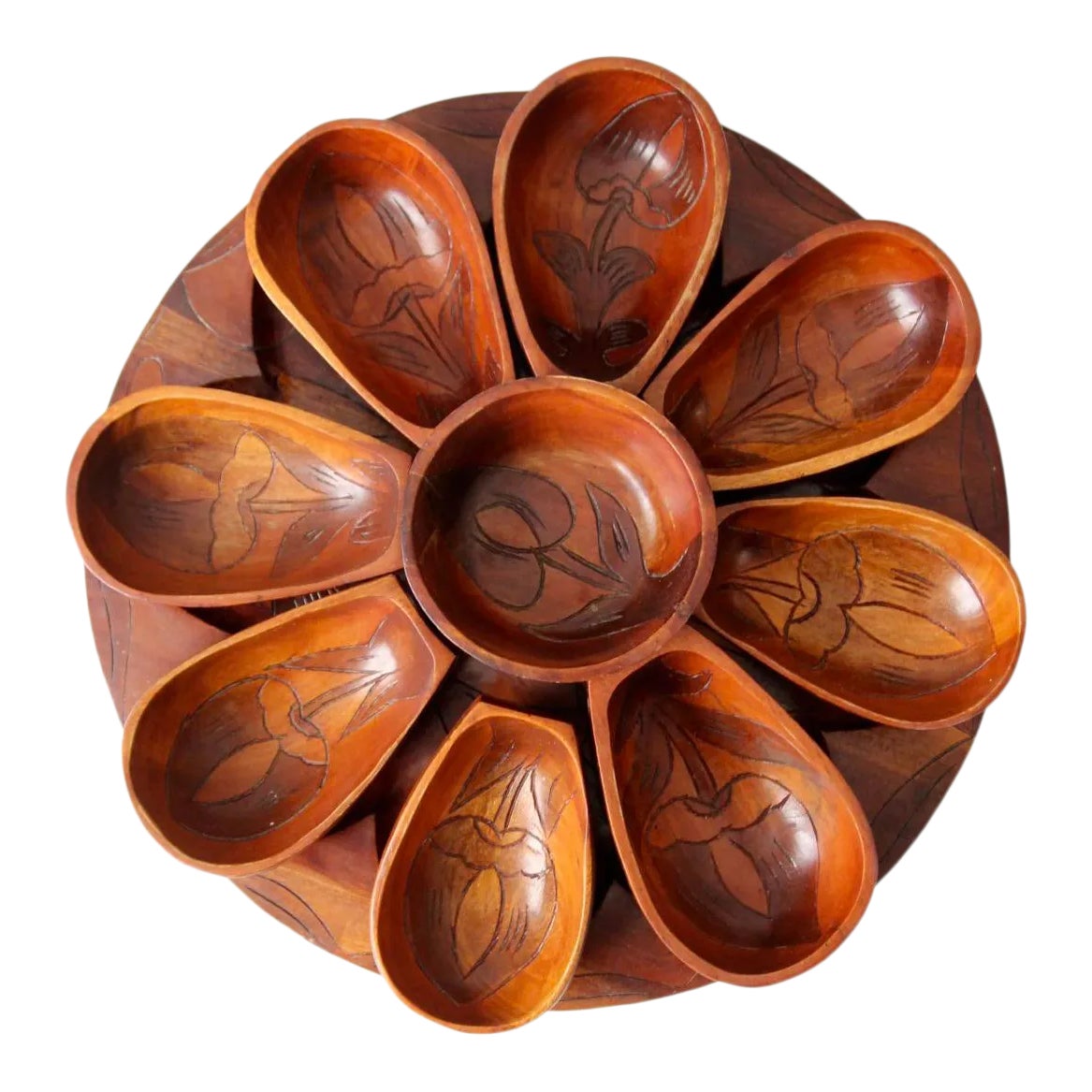 Vintage Carved Wooden Serving Set - Set of 10 | Chairish