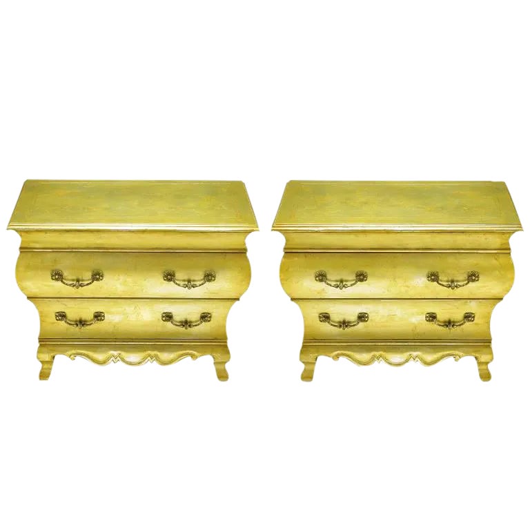 Henredon Gold Toned Silver Leaf Bombe Two-Drawer Commodes - a Pair ...