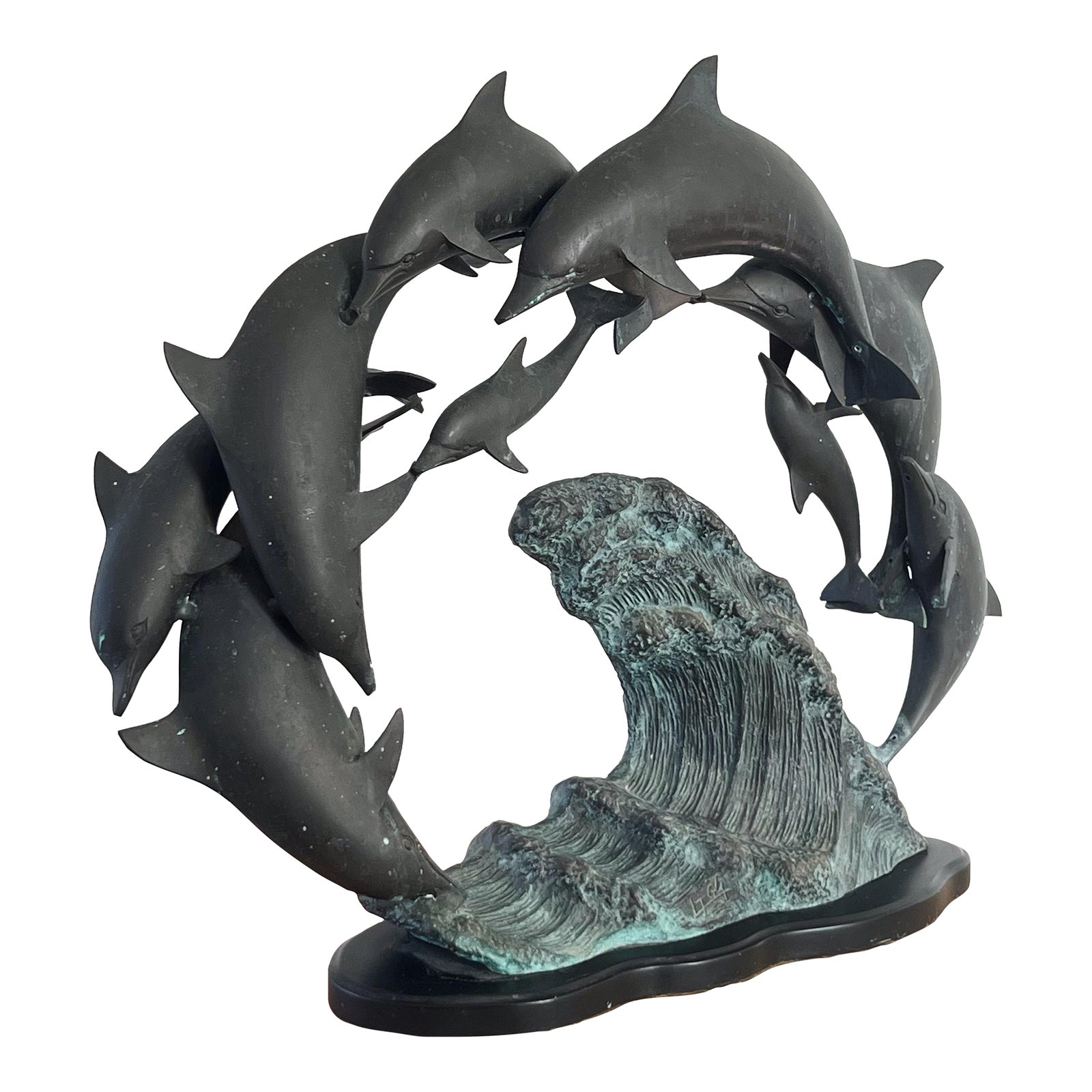 Vintage Bronze Sculpture Depicting a Pod of Dolphins Cresting a Wave on ...