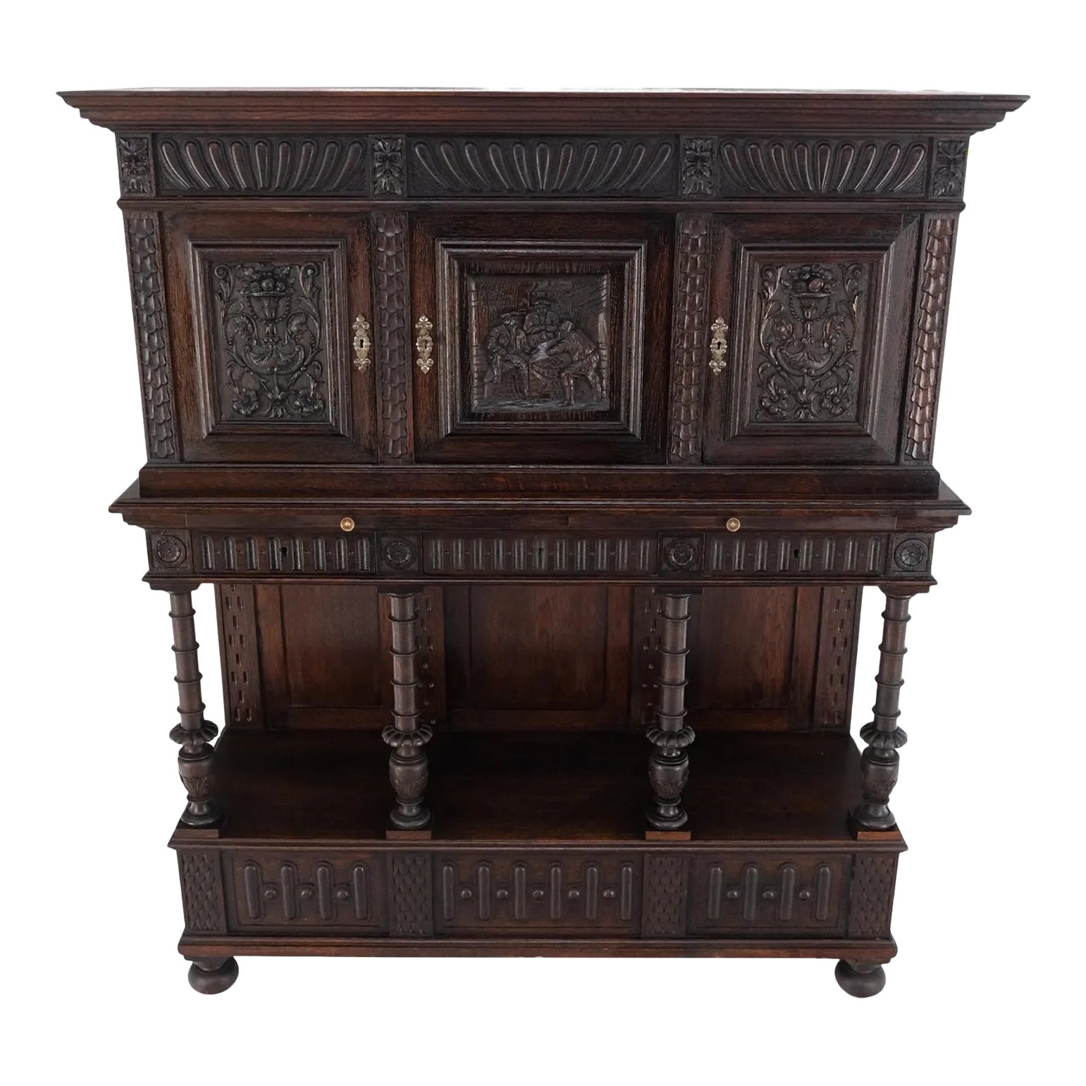 Carved Oak Jacobean Style 3 Doors Drawers Server Credenza Cabinet ...