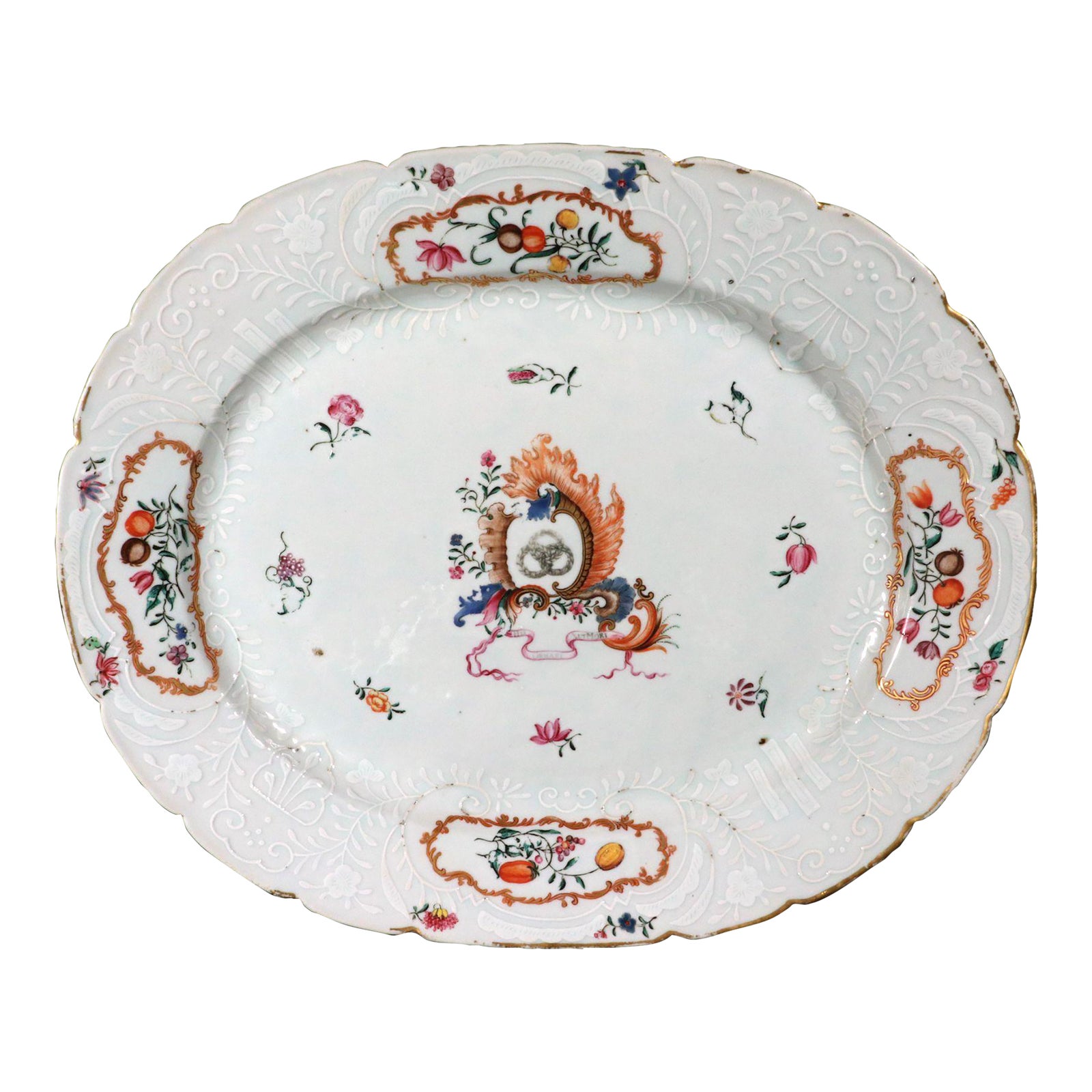 Chinese Export Porcelain Armorial Dish With European Coat of Arms, Motto- His Ornari Aut Mori ...