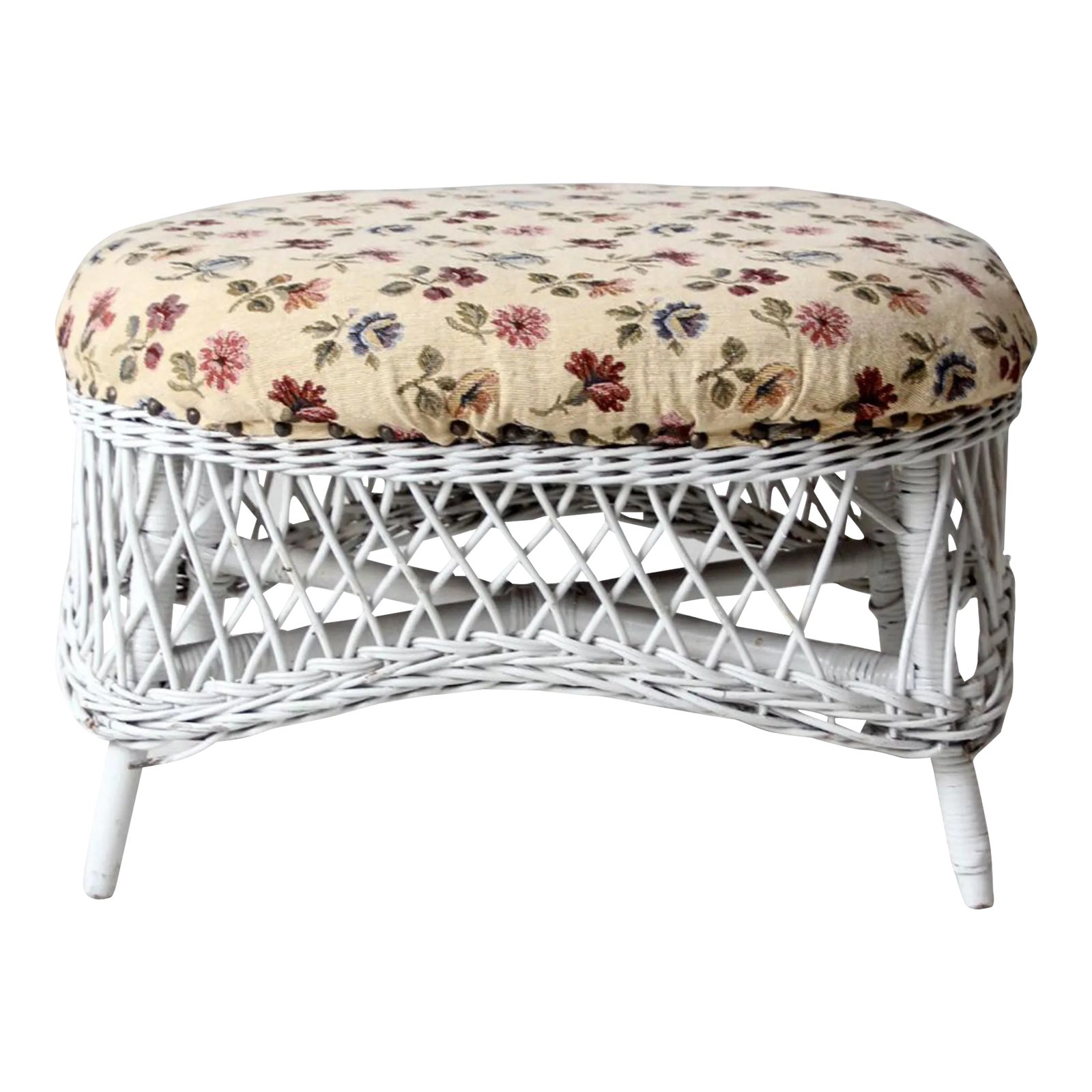 Vintage Wicker Ottoman With Floral Upholstery | Chairish