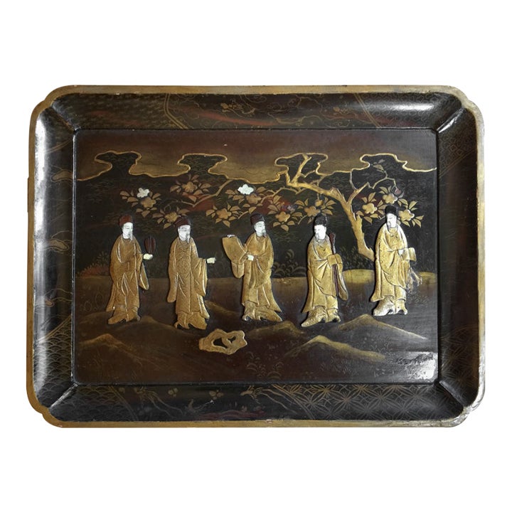19th Century Japanese Meiji Lacquered Decorative Serving Tray | Chairish