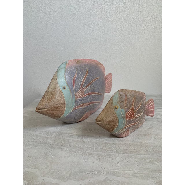 Vintage 1980s Teakwood Tropical Fish Sculptures Painted in Pastel - Set ...