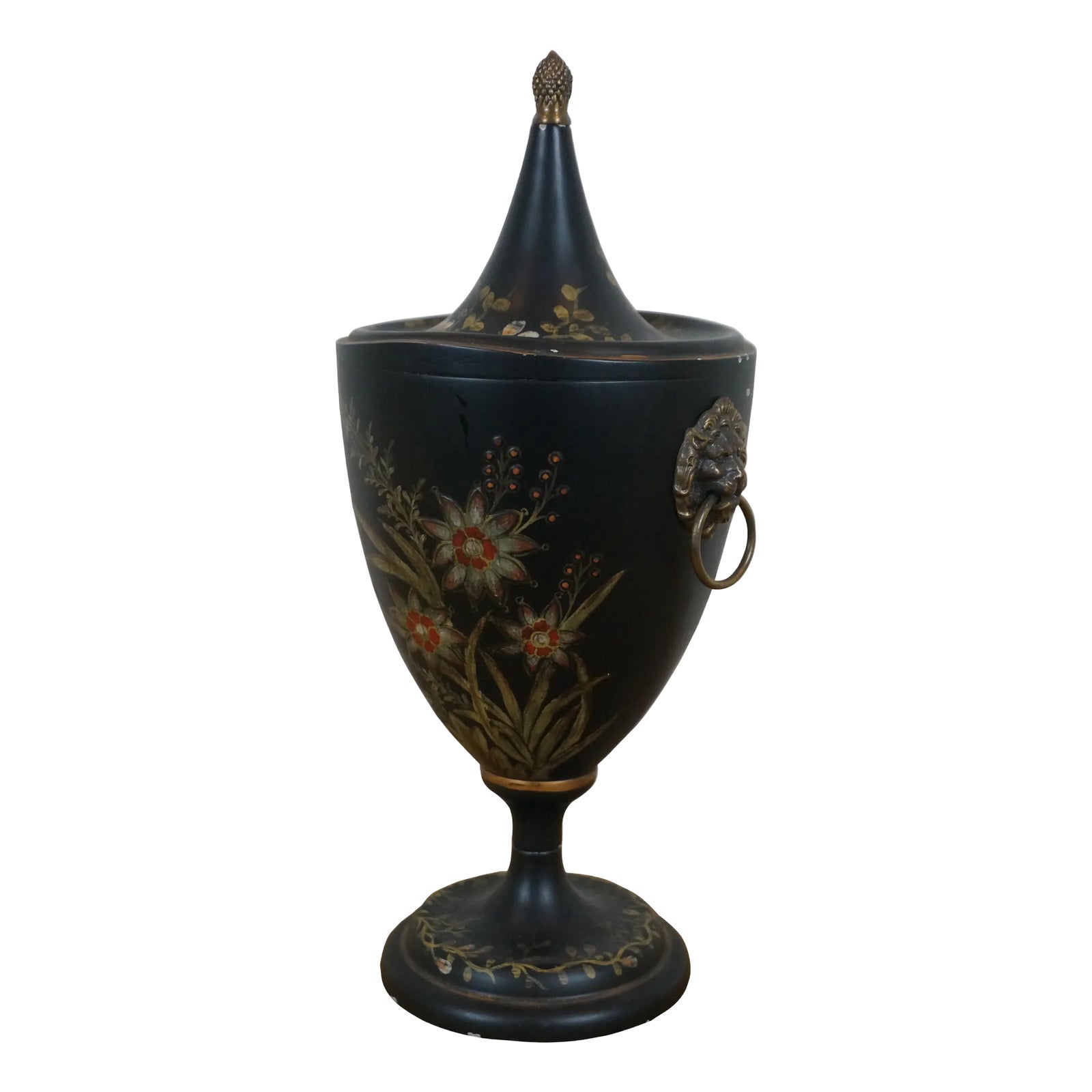 Vintage Black Toleware Floral Lions Head Chestnut Trophy Mantel Urn ...
