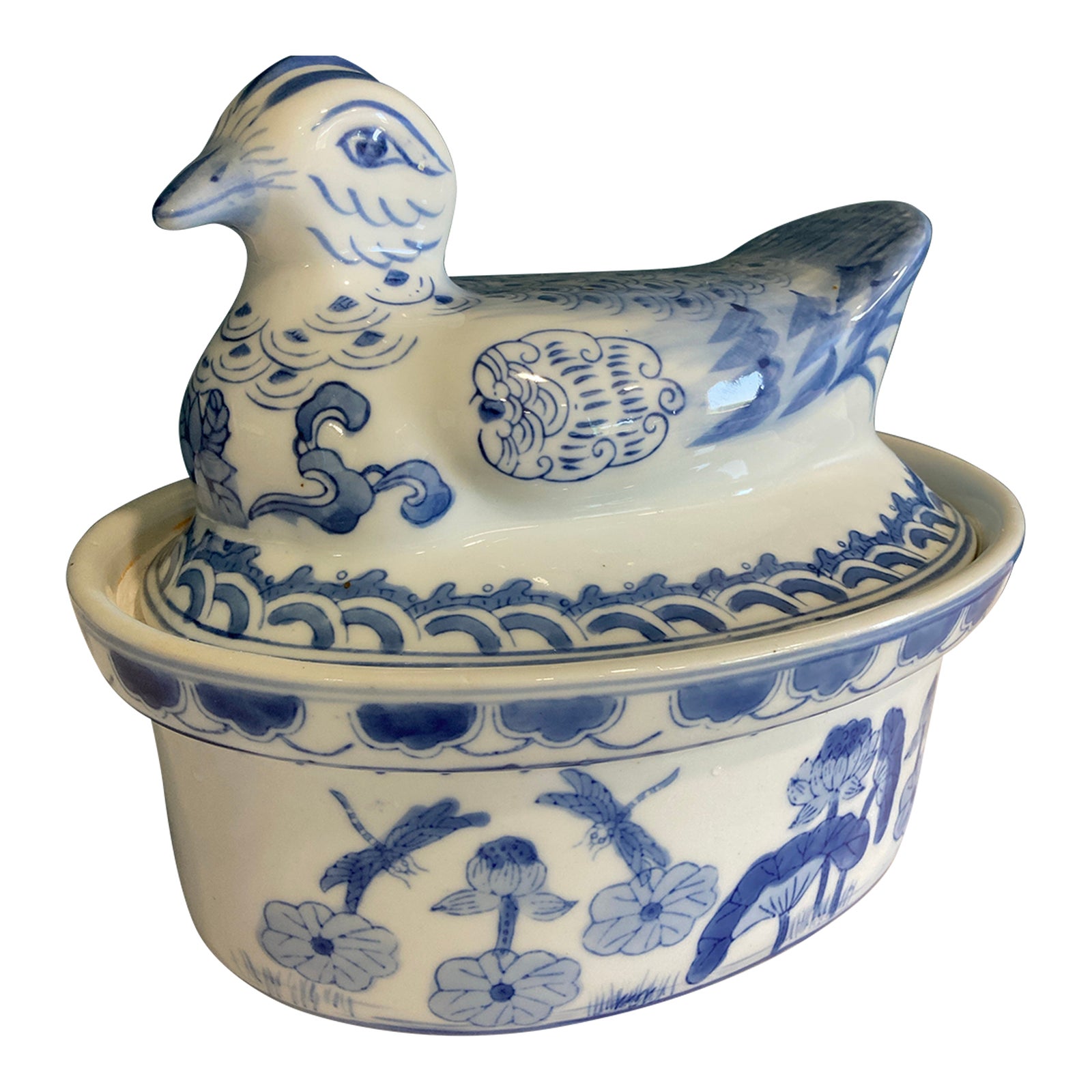 Vintage Blue and White Chinoiserie Porcelain Duck Lidded Serving Dish ...