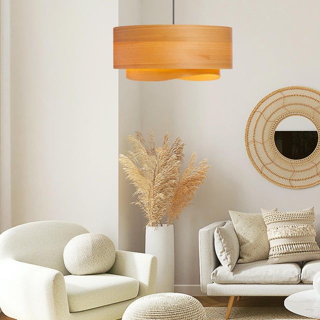 Half Bowen 23" Mid-Century Modern Style Cypress Wood Veneer Pendant ...