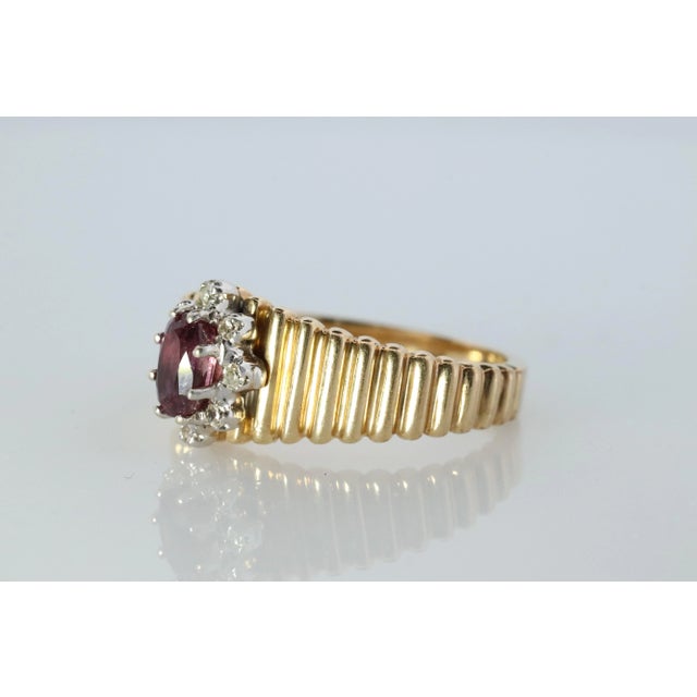 1980s 10k Yellow Gold Ribbed Shank Ruby Diamond Halo Ring Size 6 | Chairish