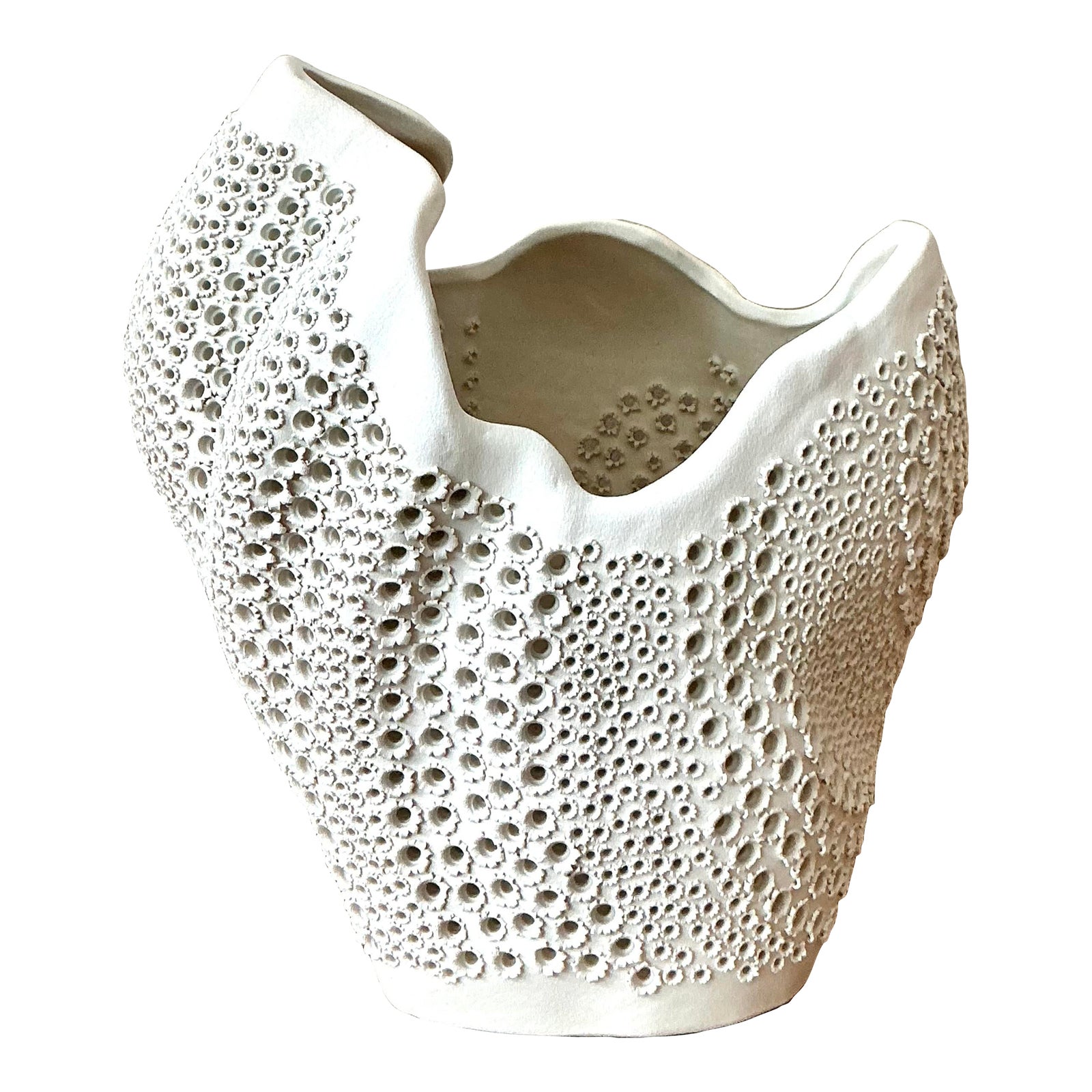 Vintage Boho Perforated Matte Ceramic Vase | Chairish